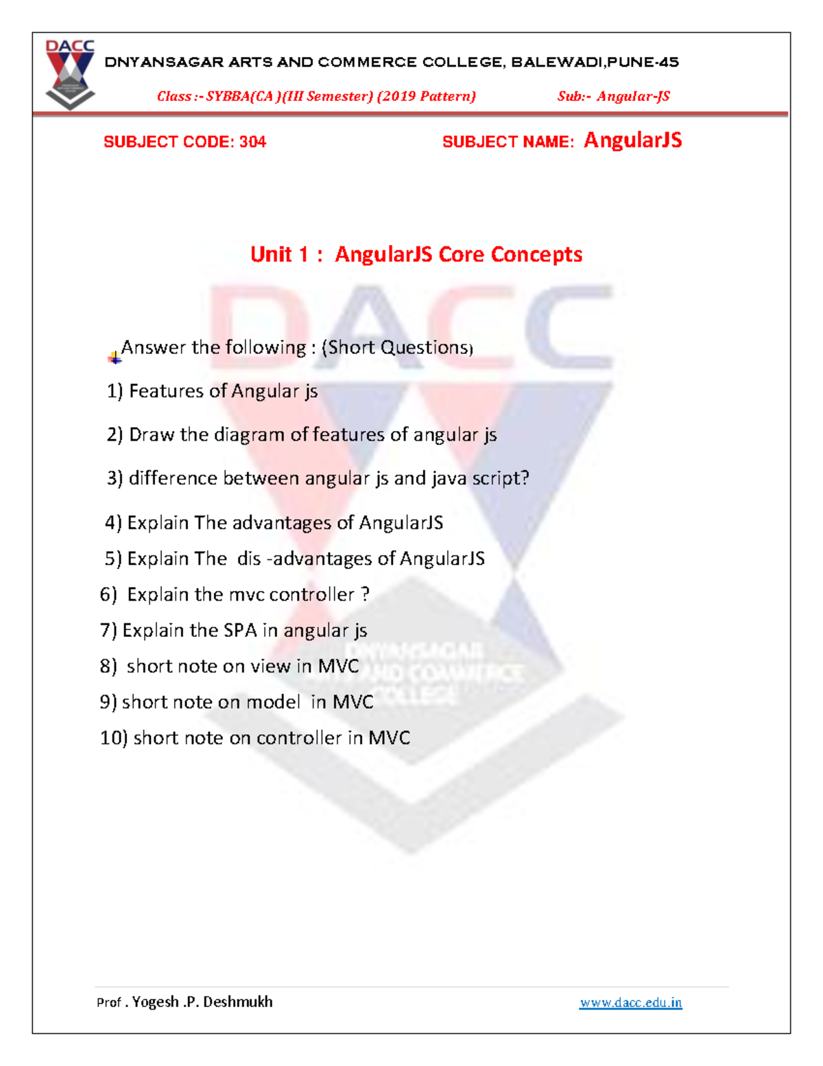 QB Sybbaca 304-Angular-Js - ####### Class :- SYBBA(CA )(III Semester) (2019 Pattern) Sub:- - Studocu