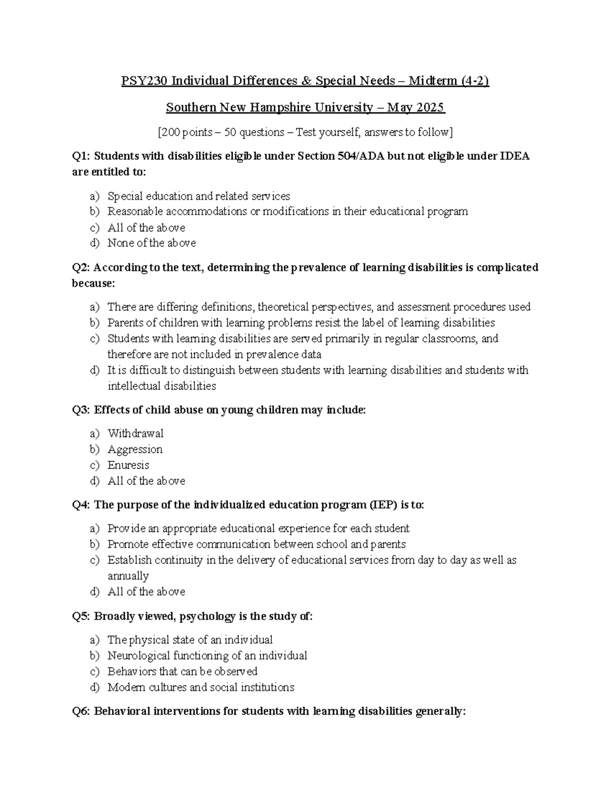 SNHU PSY230 Individual Differences & Special Needs Midterm Review - Studocu
