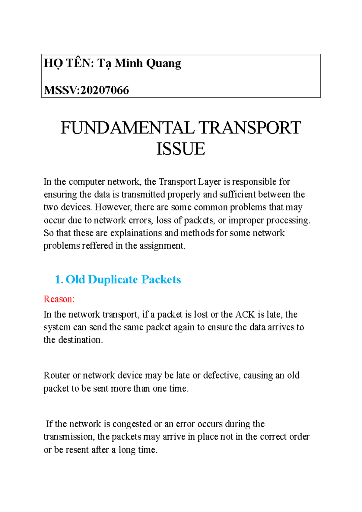 Transport Layer Issues - Tài liệu ôn tập về vấn đề và giải pháp - Studocu