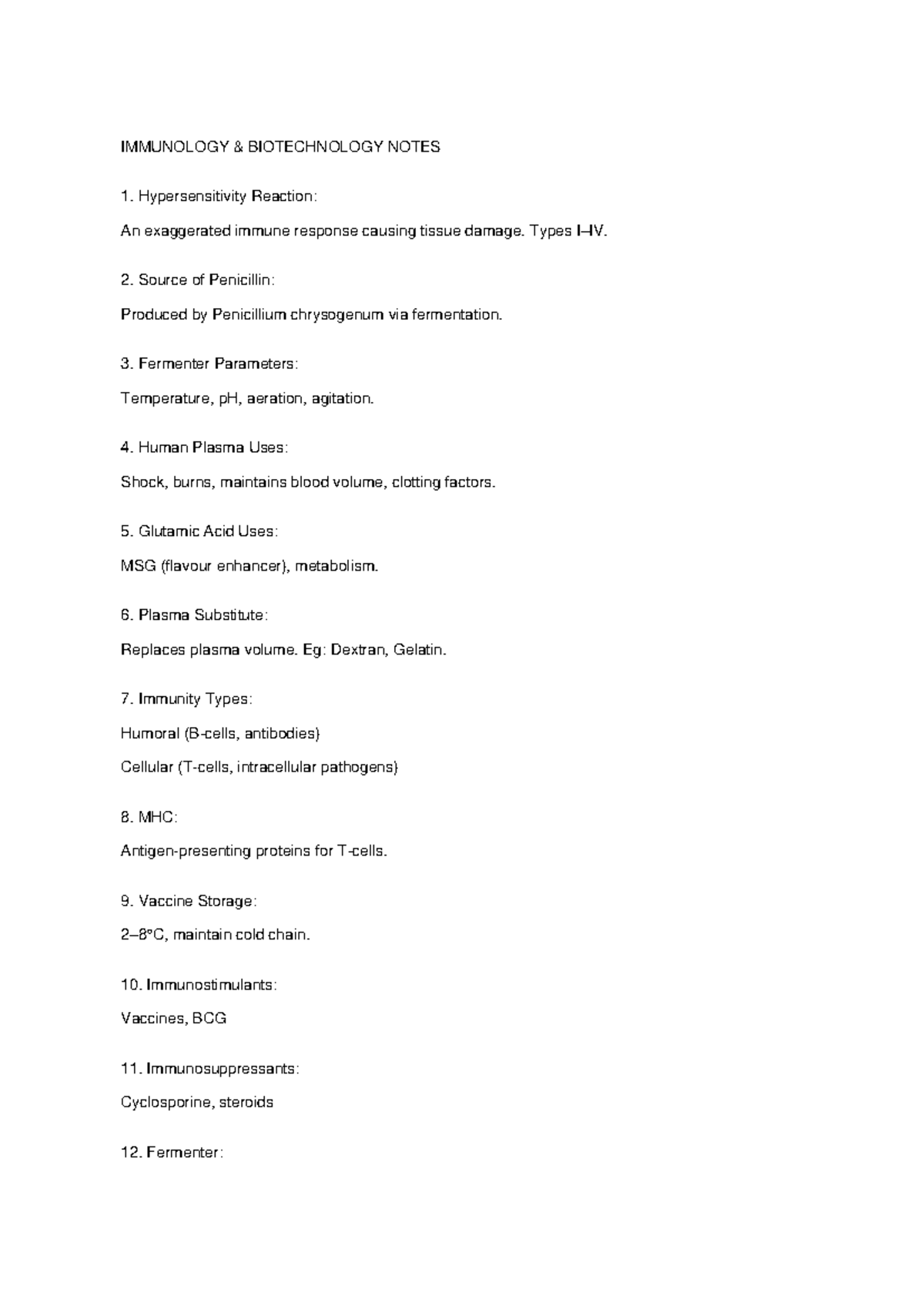 IMMUNOLOGY BIOTECHNOLOGY NOTES: Hypersensitivity & More - Studocu