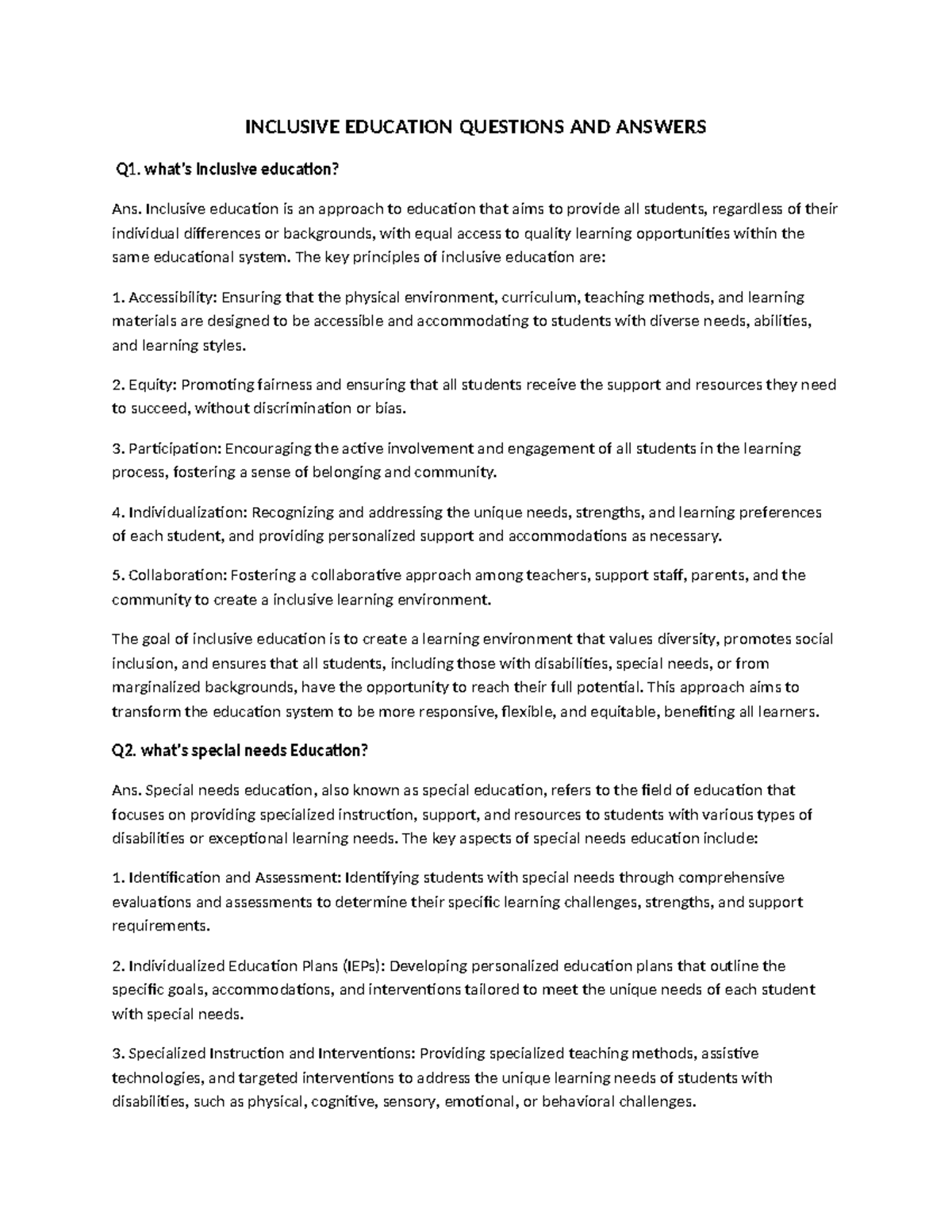 Inclusive Education Q&A: Understanding Principles & Special Needs - Studocu