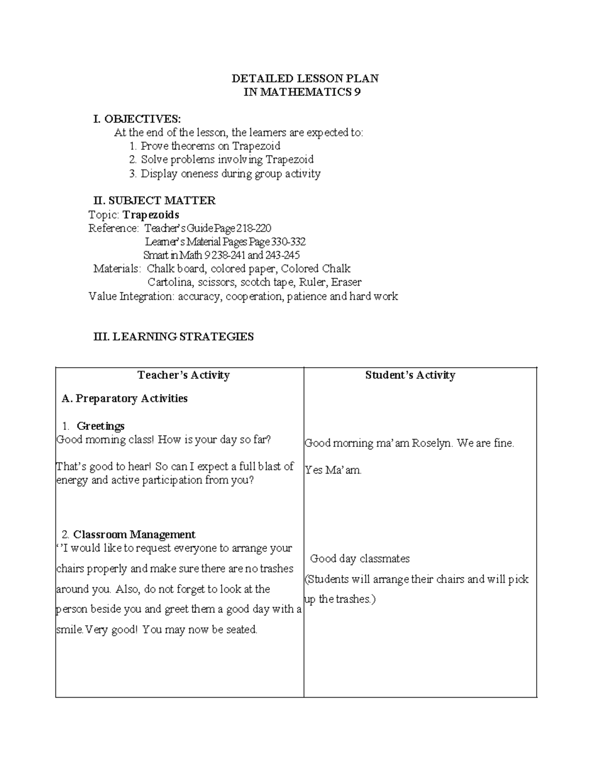 Trapezoids Lesson Plan - Math 9: Objectives, Activities, Evaluation ...