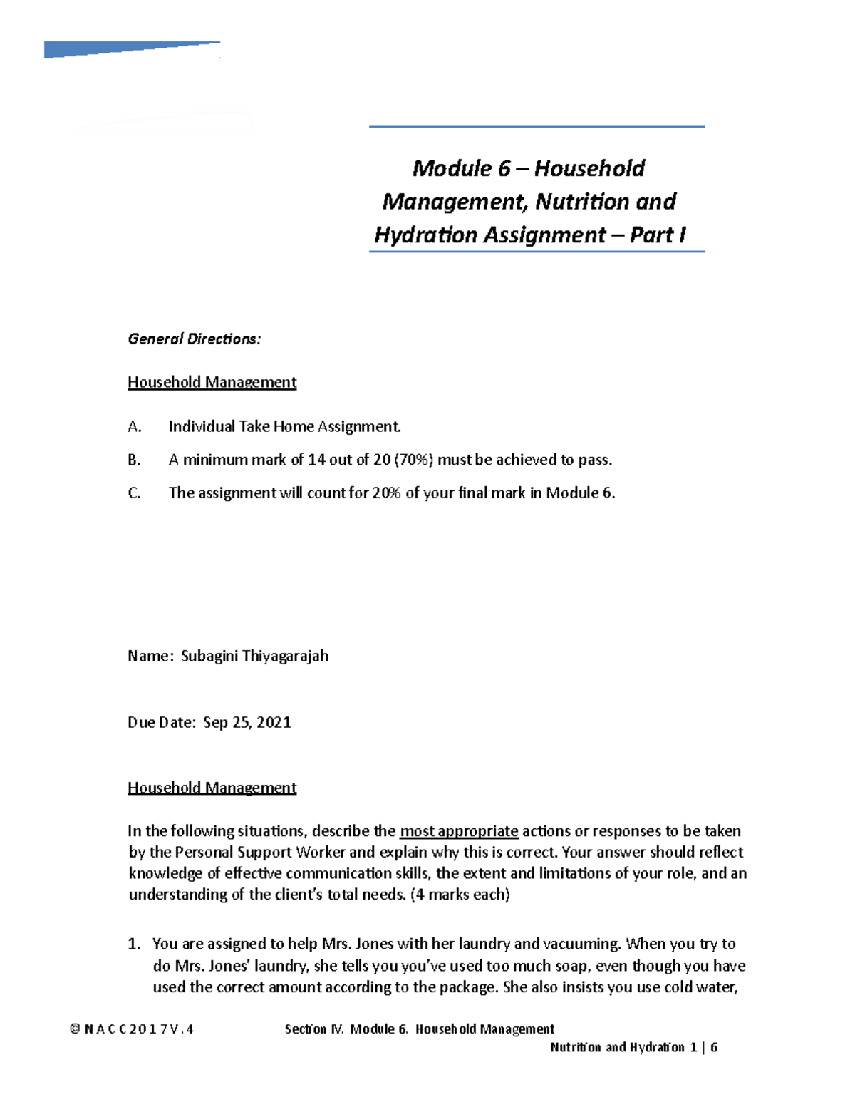2IV-7 Assigmt - Module 6 Household Management - Module 6 – Household ...