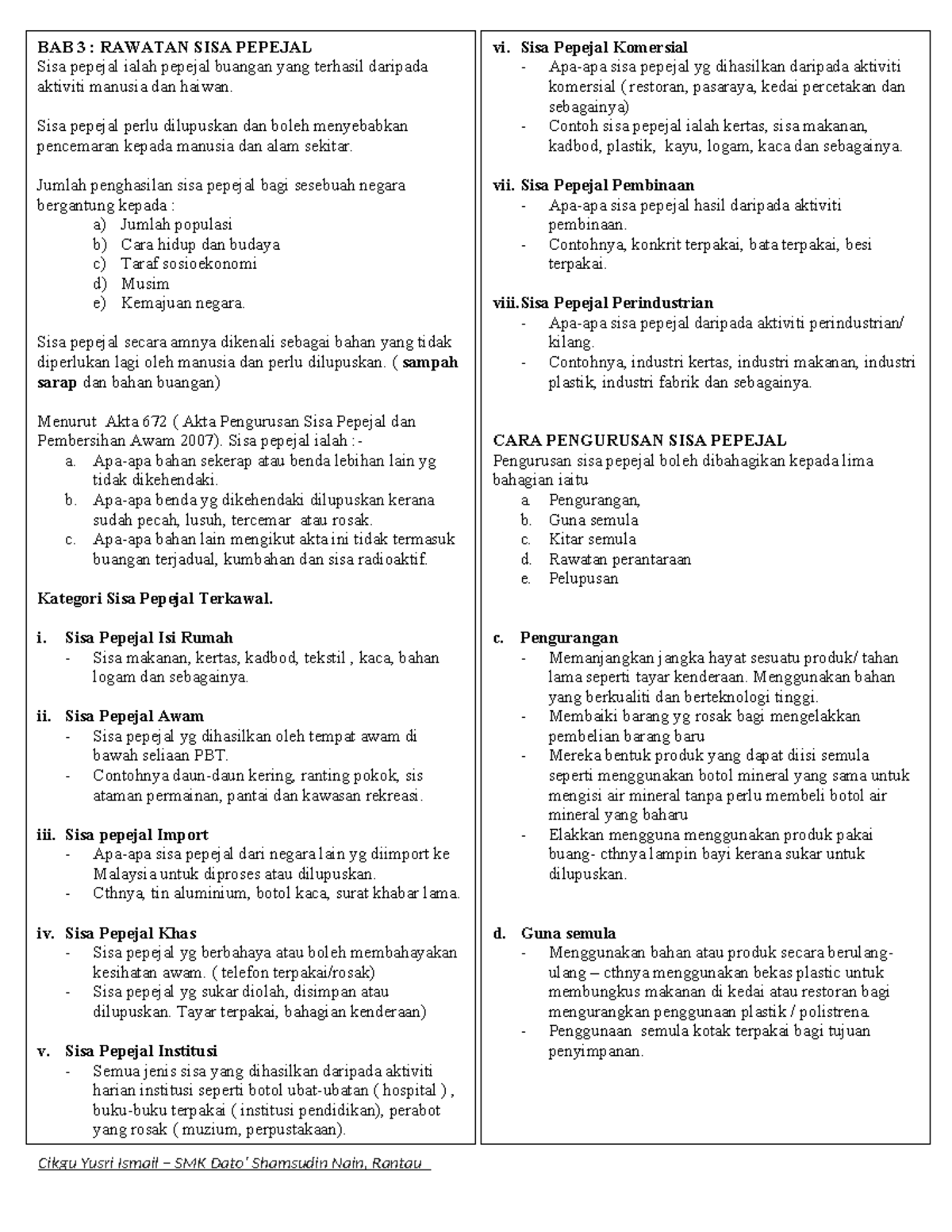 Nota Poket: BAB 3 - Rawatan Sisa Pepejal dan Pengurusannya - Studocu