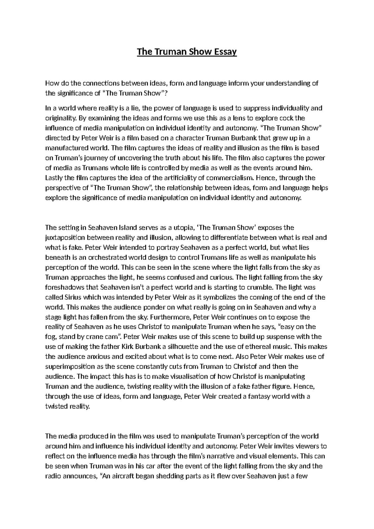 ENG 101: Essay on Media Manipulation in "The Truman Show" Analysis ...