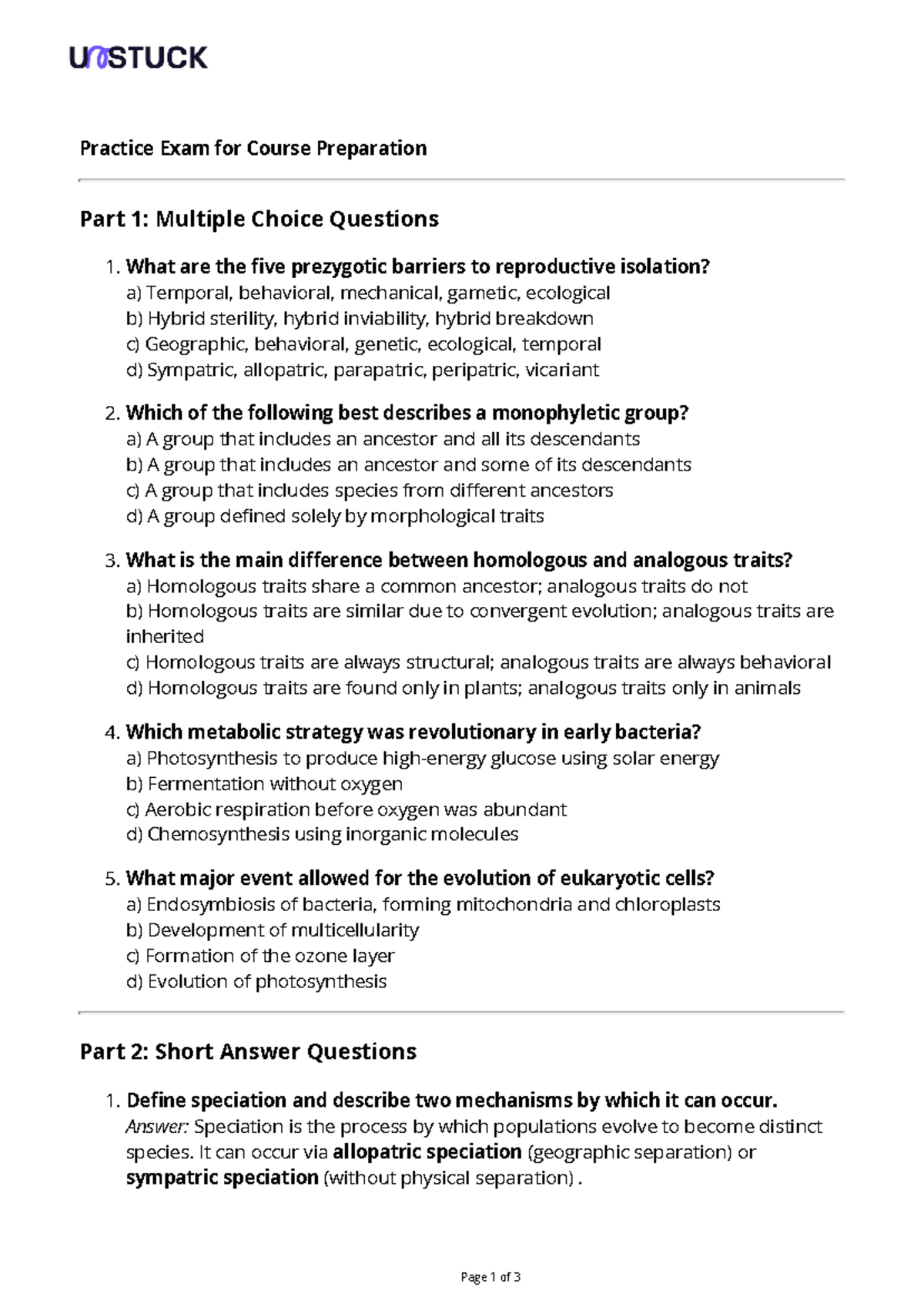BSCI 160 Exam 1/2 Practice: Multiple Choice & Short Answer Review - Studocu