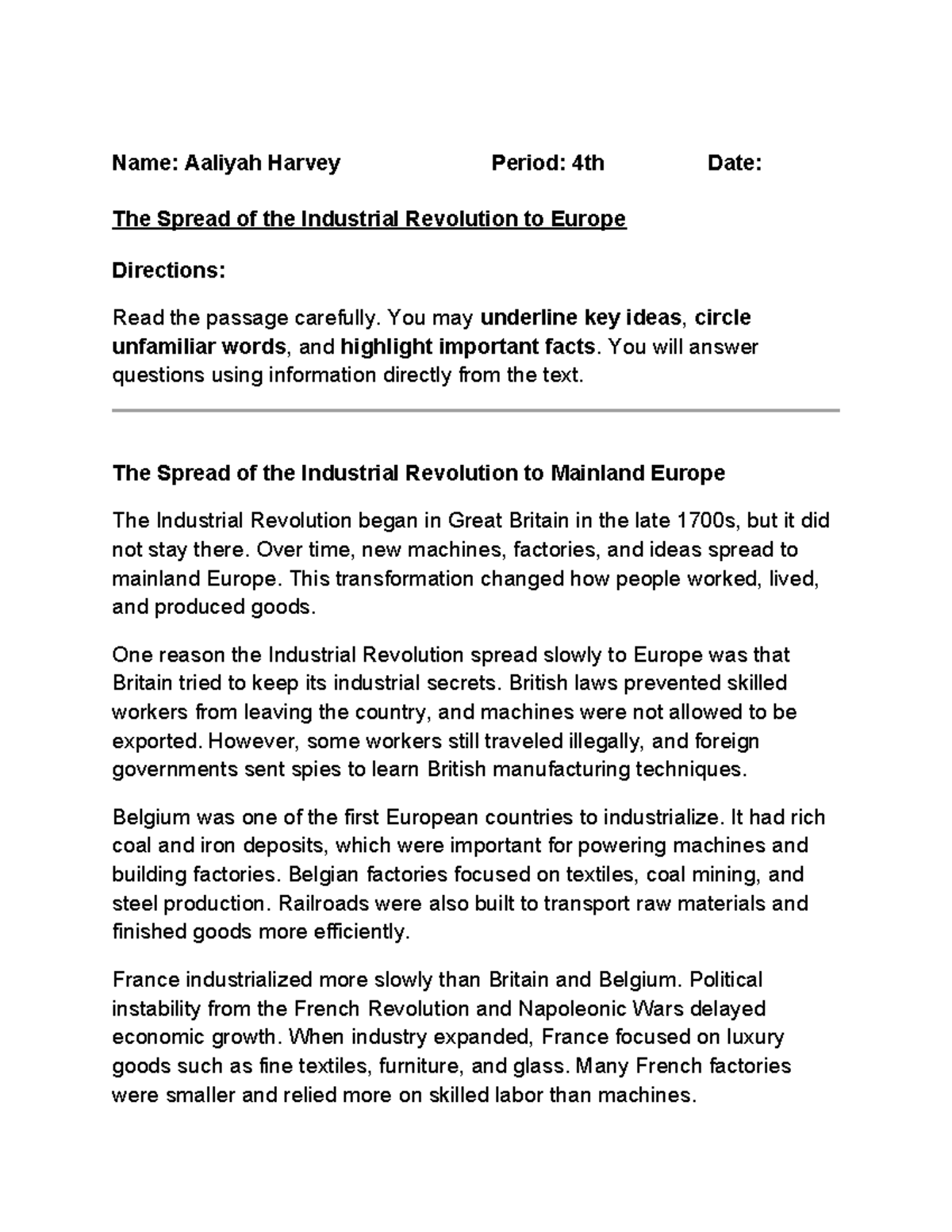 Industrial Revolution Spreads to Europe: Comprehension Task 1 16 2026 ...