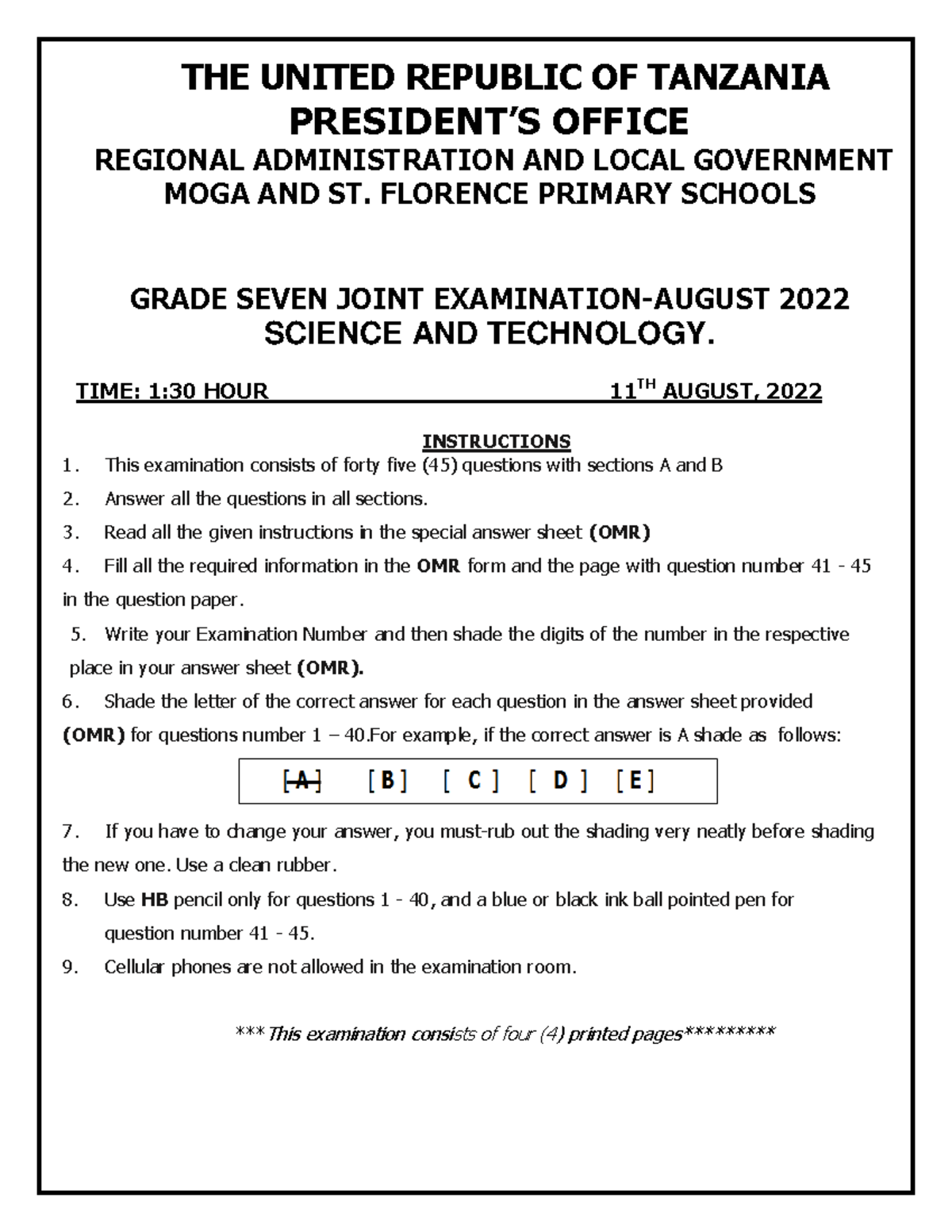 Grade 7 Joint Science & Tech Exam 2022 - Tanzania (MOGA & St. Florence ...