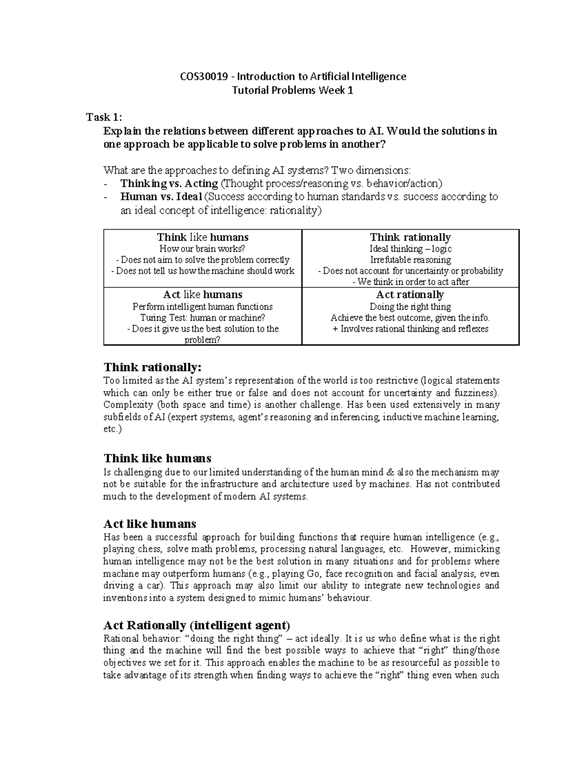 COS30019 AI Tutorial Problems: Week 1 Overview and Key Concepts - Studocu