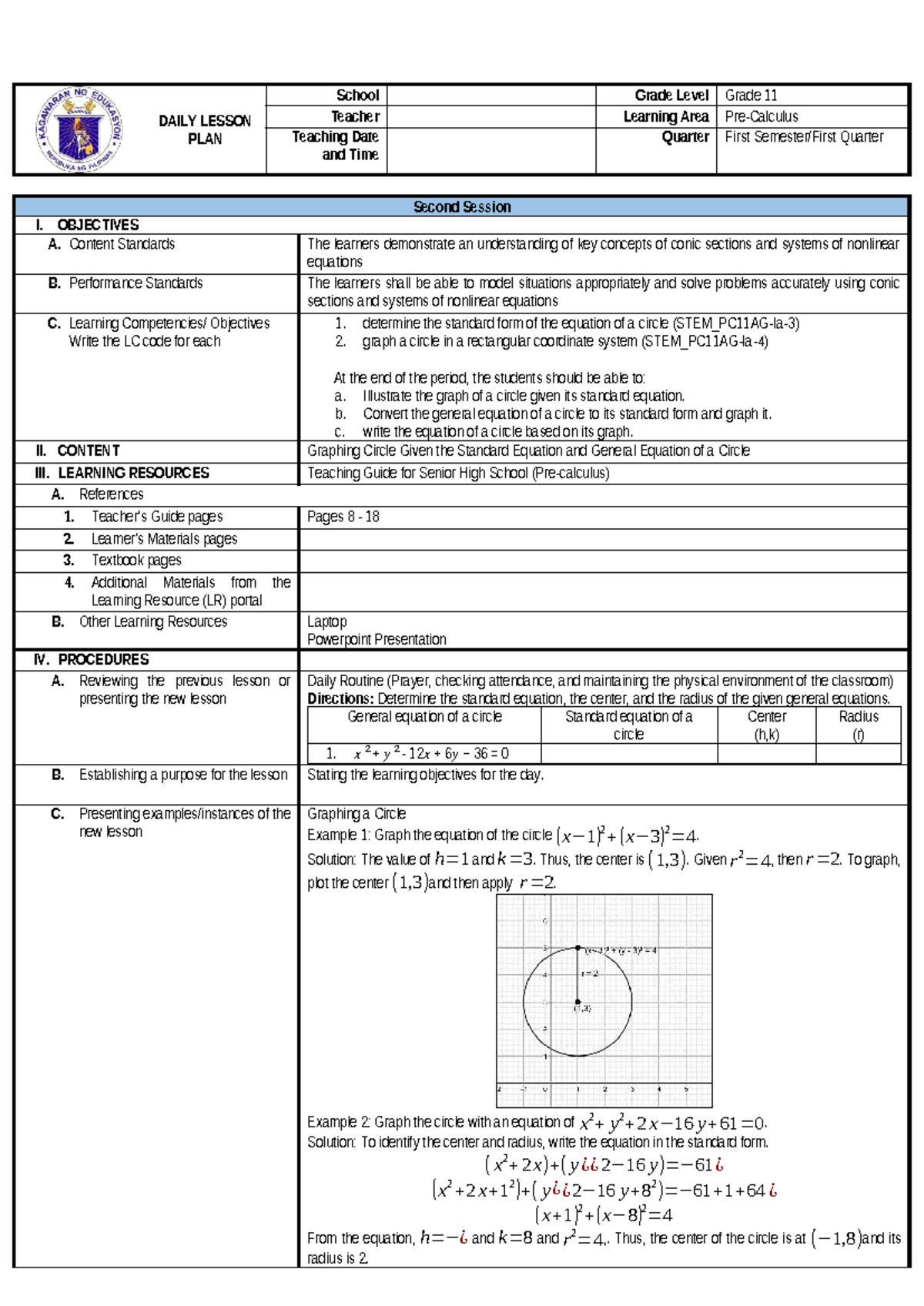 Daily Lesson Plan: Graphing Circles in Grade 11 (1st Quarter) - Studocu
