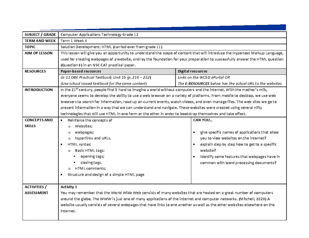 CAT Grade 12 Term 1 Week 4 - HTML Solution Development Lesson - Studocu