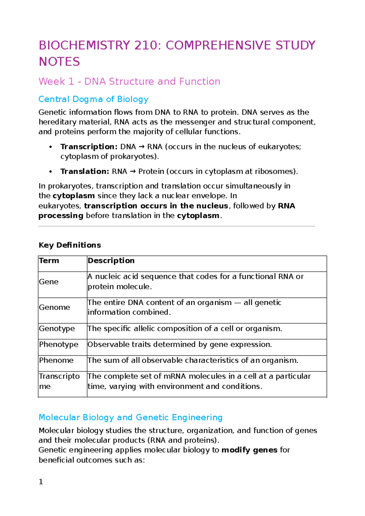 BIOCHEMISTRY 210: WEEK 1 STUDY NOTES ON DNA STRUCTURE & FUNCTION - Studocu