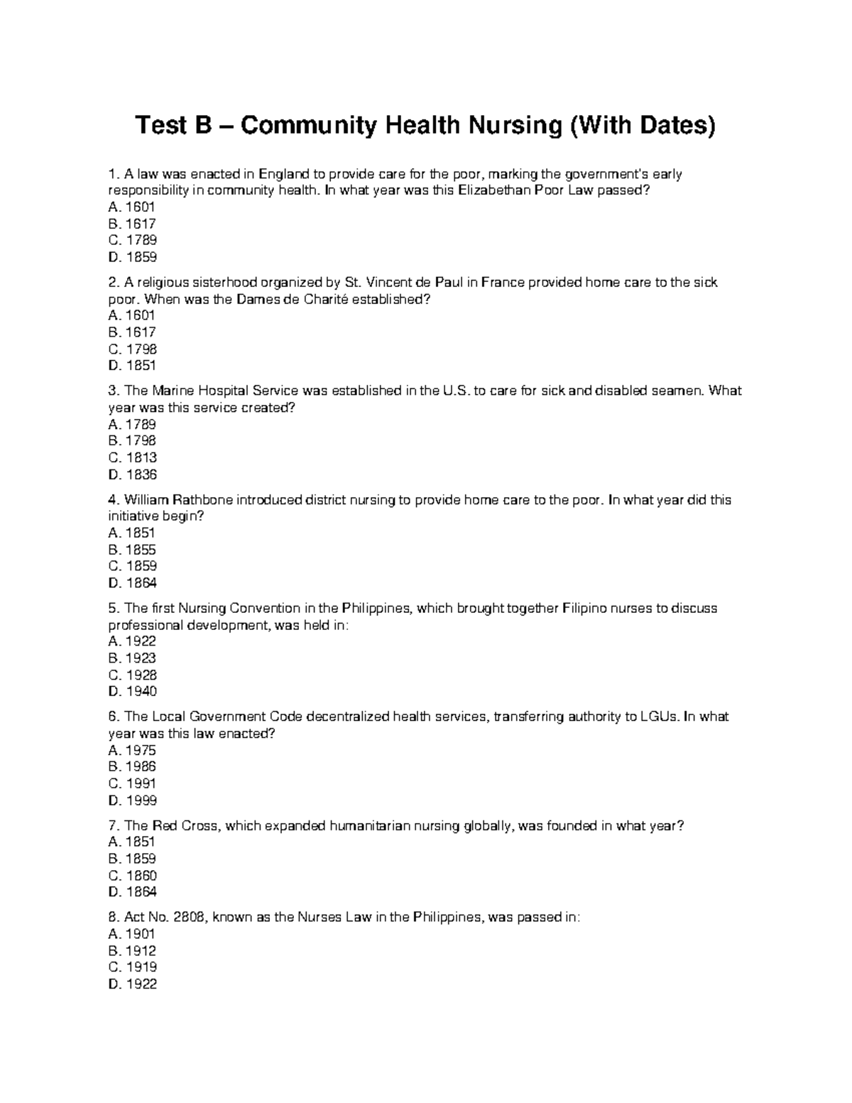 CHN Test B: Key Dates in Community Health Nursing - Studocu