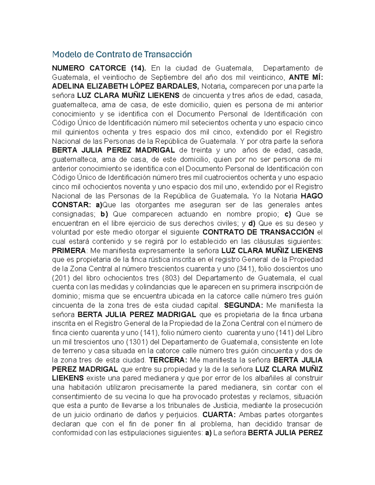 Contrato de Transacción - Modelo NUMERO CATORCE (14) - Studocu