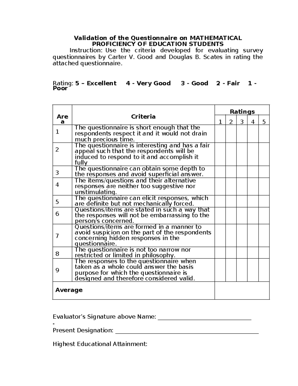 Validation Criteria for Questionnaire on Math Proficiency (TBC) - Studocu