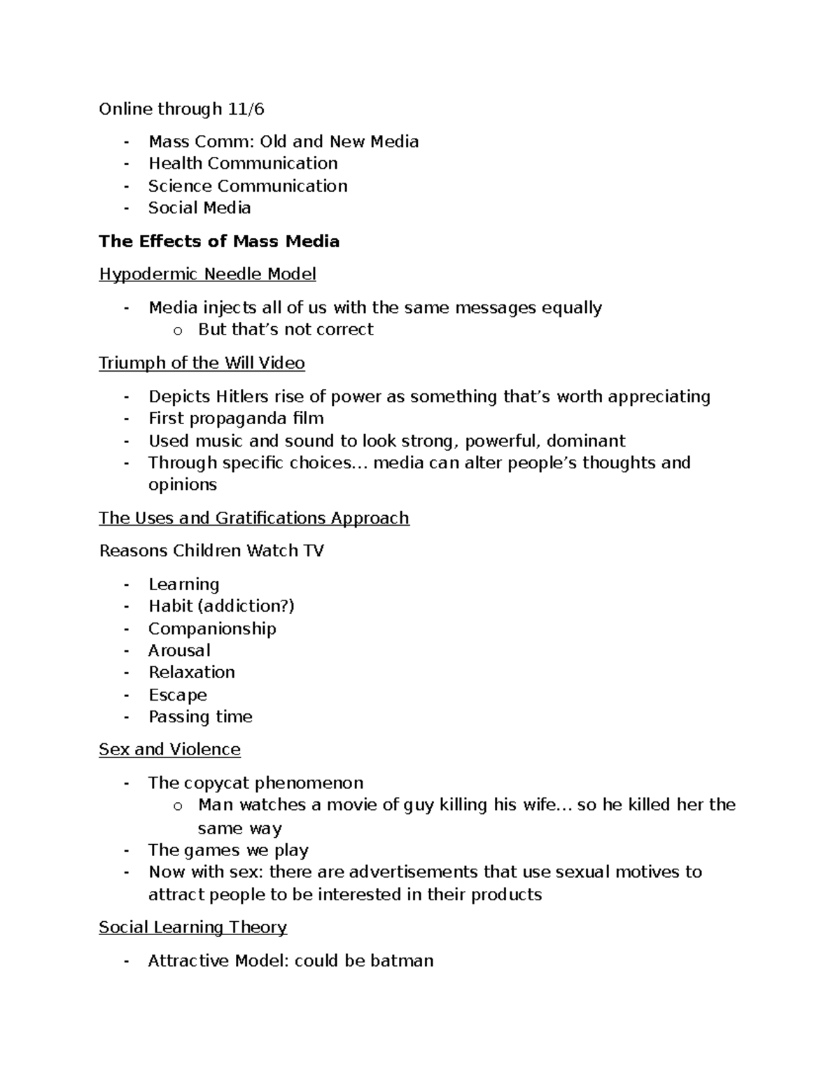 Comm Part 3 - Mass Communication Theories for Exam 3 - Studocu