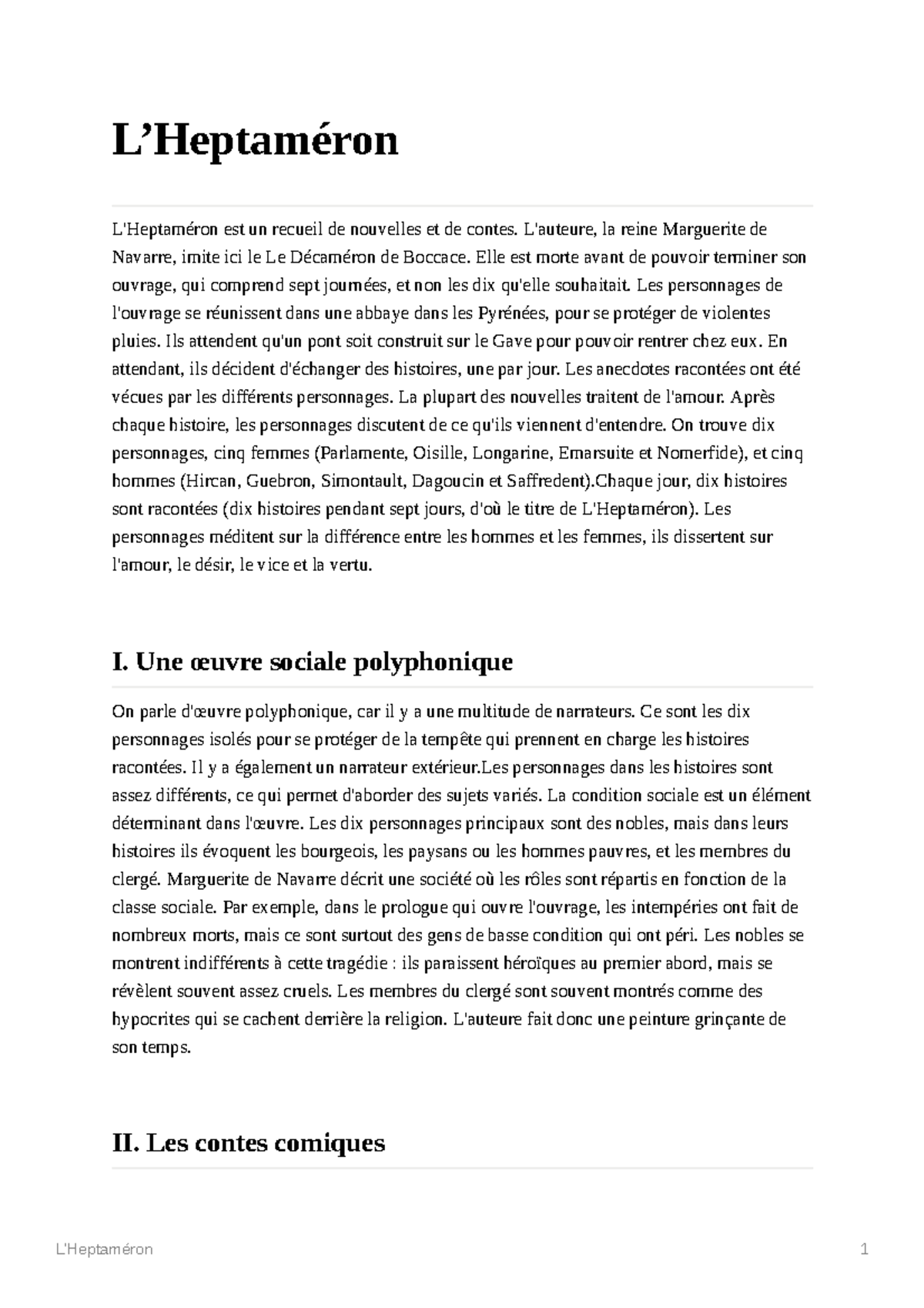 L’Heptaméron - Analyse de l'œuvre de Marguerite de Navarre - Studocu