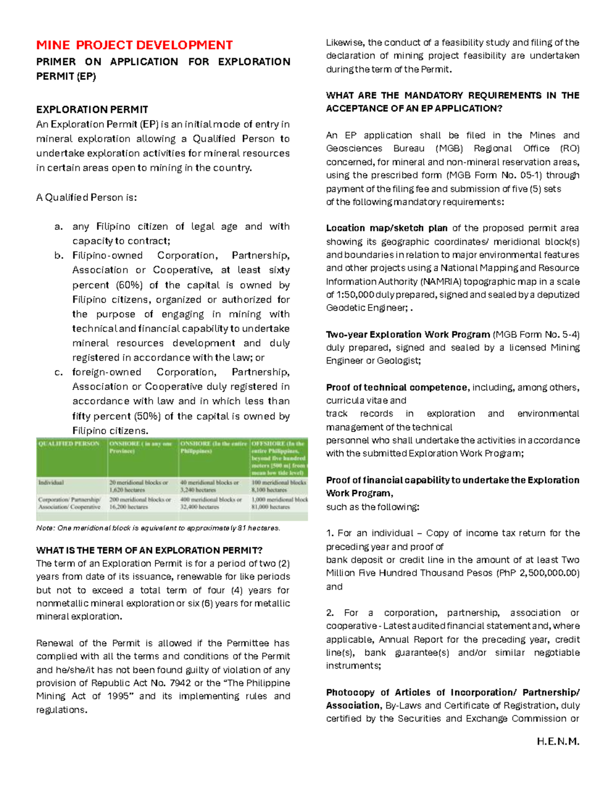 exploration permit - H.E.N. MINE PROJECT DEVELOPMENT PRIMER ON ...