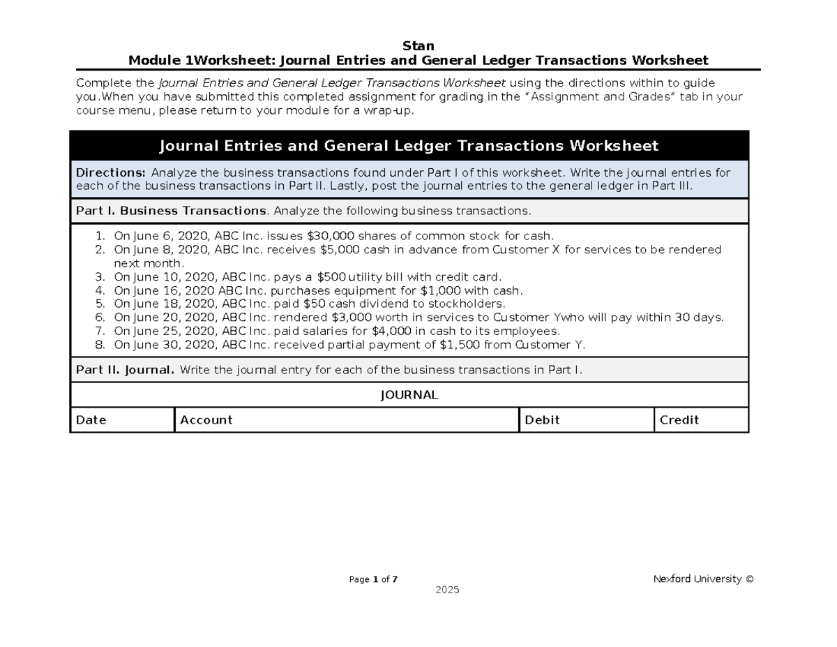 Stan Module 1: Journal Entries & General Ledger Transactions Worksheet ...
