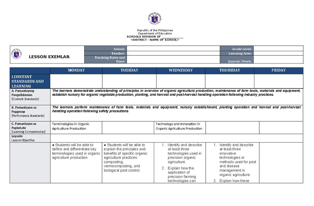 WEEK 2 - Lesson Exemplar on Organic Agriculture (EDUC 101) - Studocu