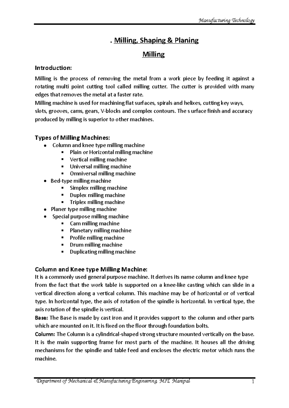 Milling Shaping and Planning notes - . Milling, Shaping & Planing ...