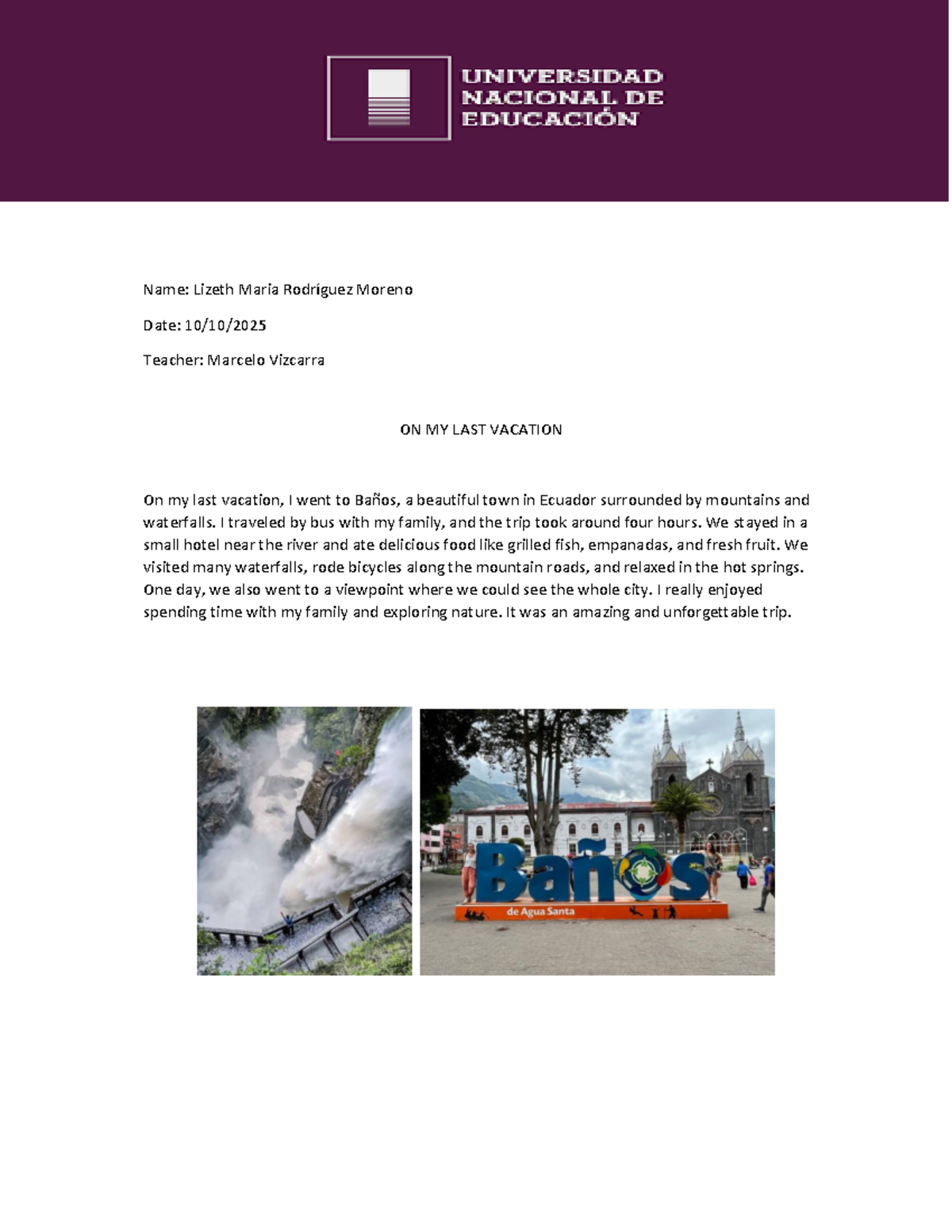 Writing About My Last Vacation: A Trip to Baños, Ecuador - Studocu