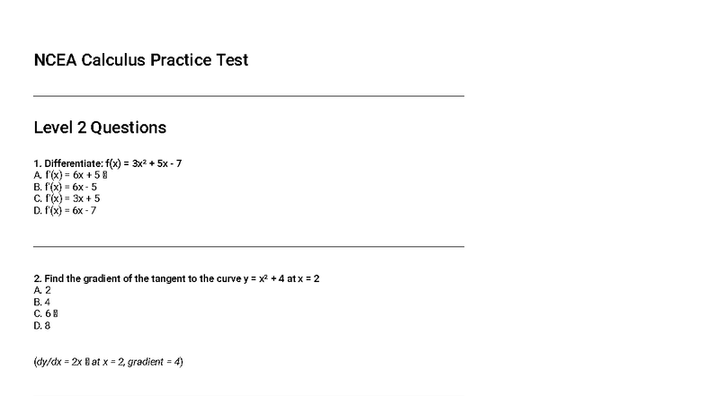 NCEA Calculus Practice Test Level 2: MCQ Format Questions - Studocu