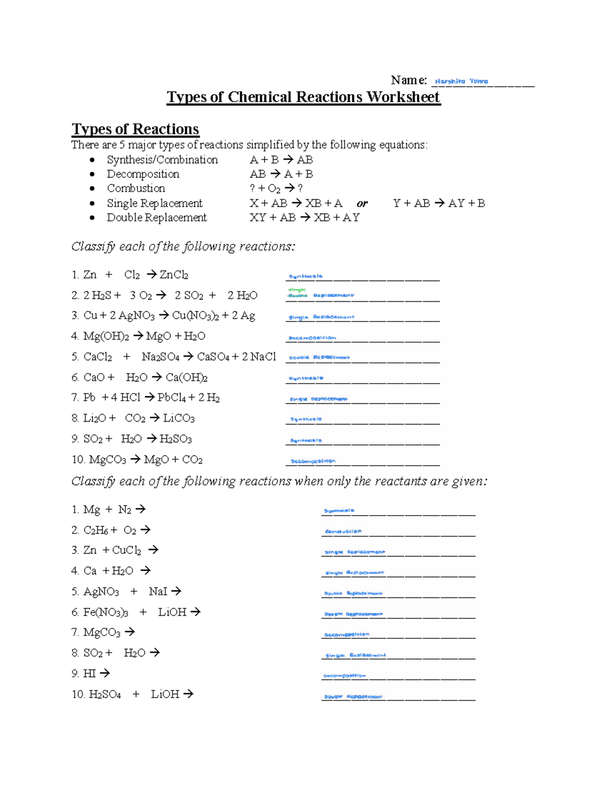 Types of Reactions Worksheet: Classifying Chemical Reactions - Studocu