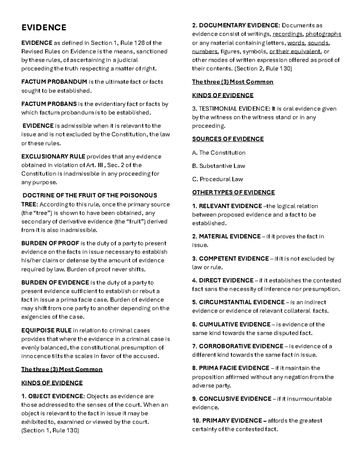 Evidence- Reviewer - EVIDENCE EVIDENCE as defined in Section 1, Rule ...