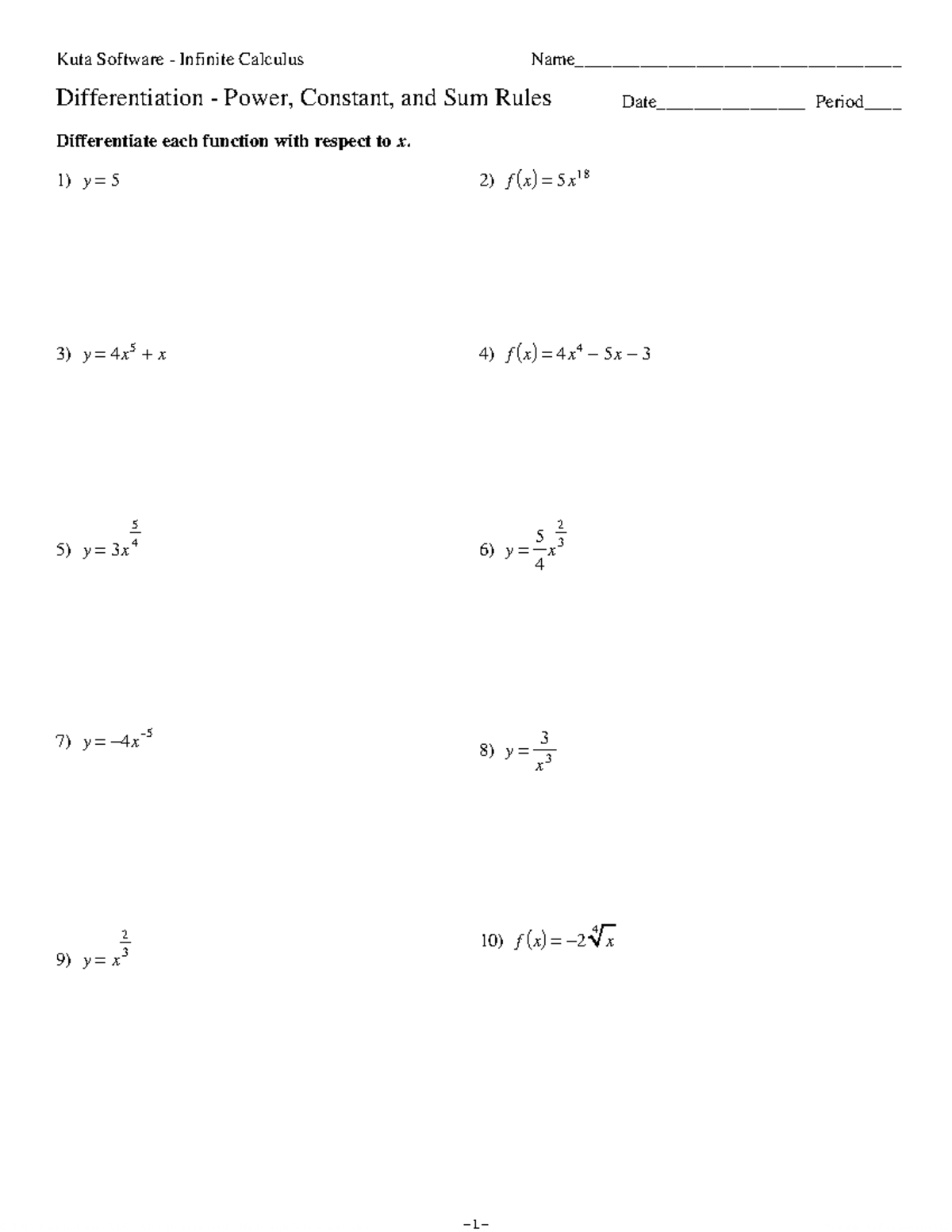 M2L0T1g3Y Kuta Software Infinite Calculus: Power, Constant & Sum Rules ...