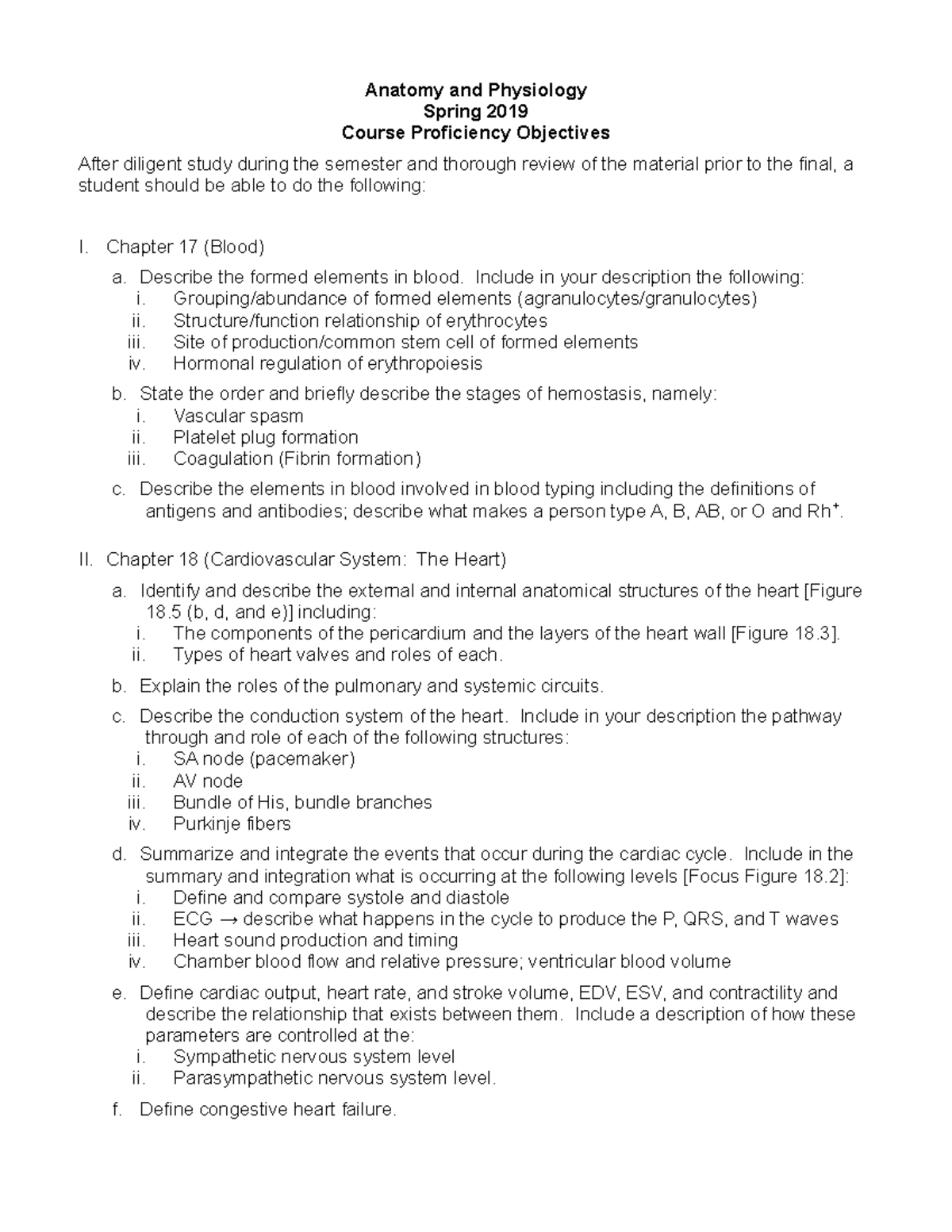 Anatomy & Physiology II Proficiency Objectives S19: Detailed Study ...