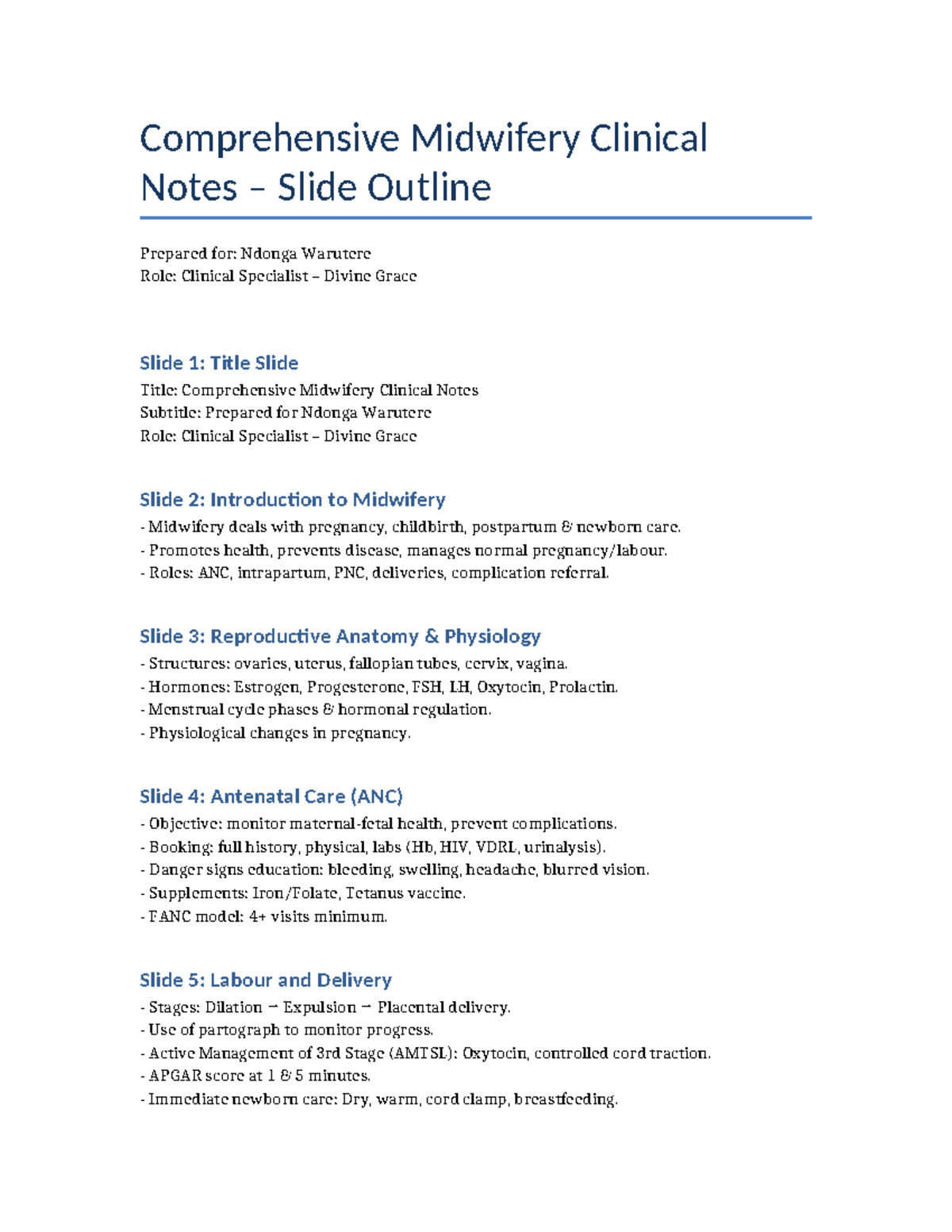 Comprehensive Midwifery Clinical Notes Outline for Ndonga Warutere ...