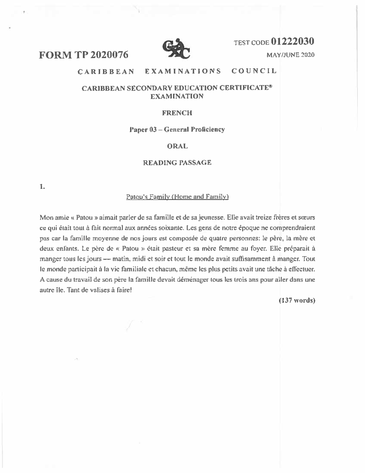 CSEC French Oral 2020 - good - french - Studocu