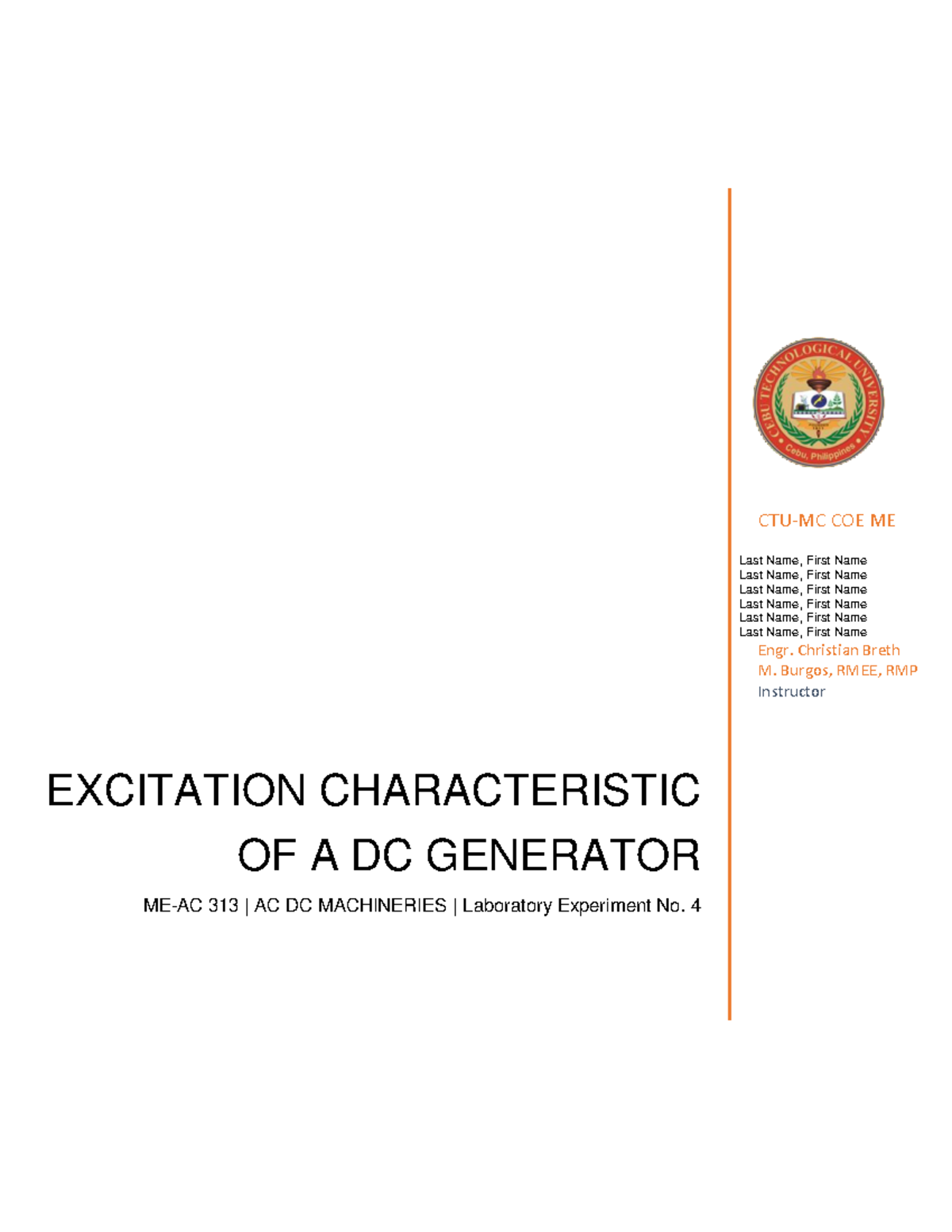 CTU-ME-AC313 Lab Experiment 4: DC Generator Characteristic Study - Studocu