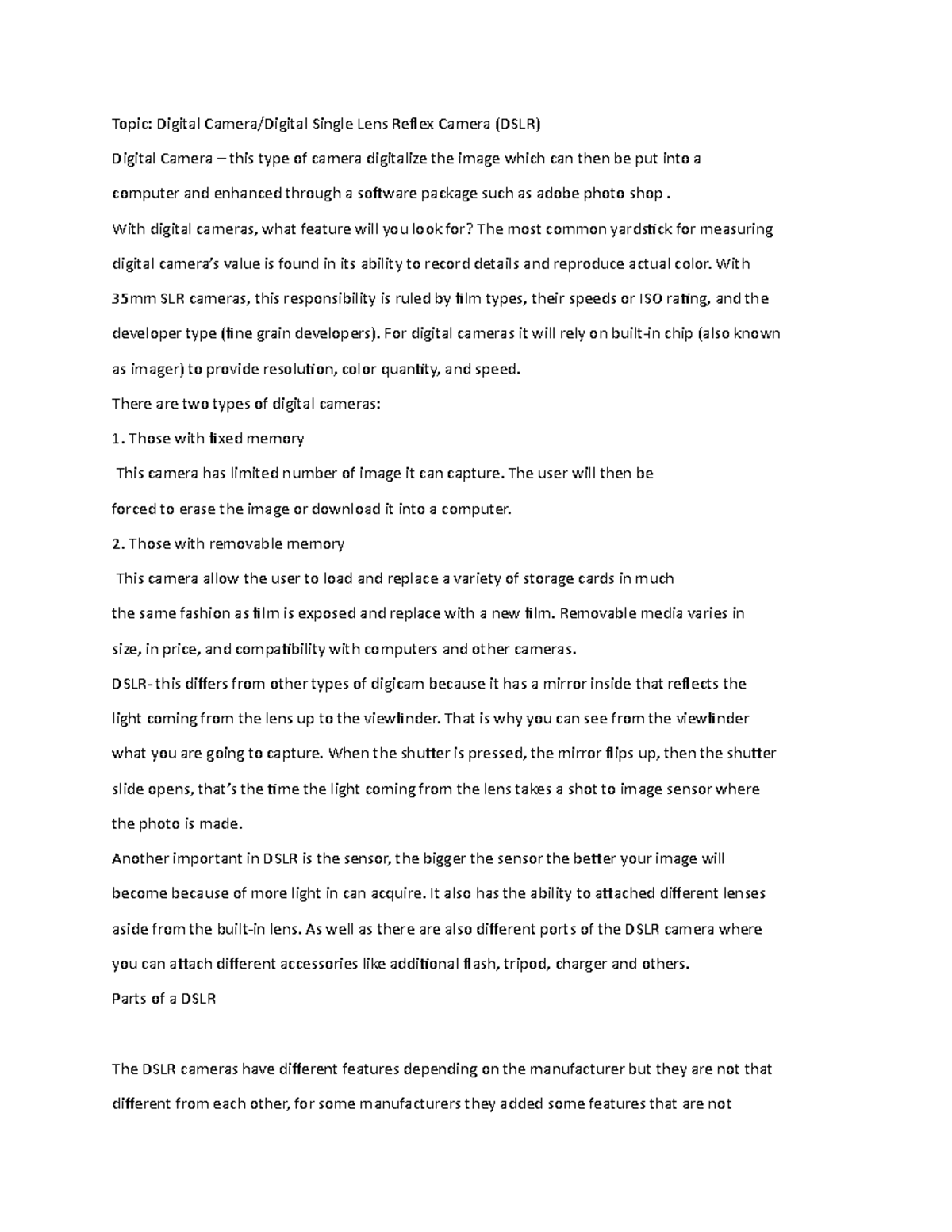 Forensic Photpgraphy Notes 6 - Topic: Digital Camera/Digital Single ...