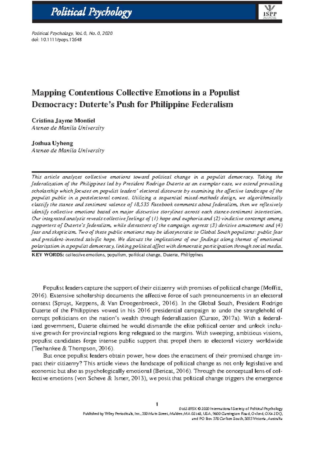 Duterte's push for Phil federalism - 1 Political Psychology, Vol. 0, No ...