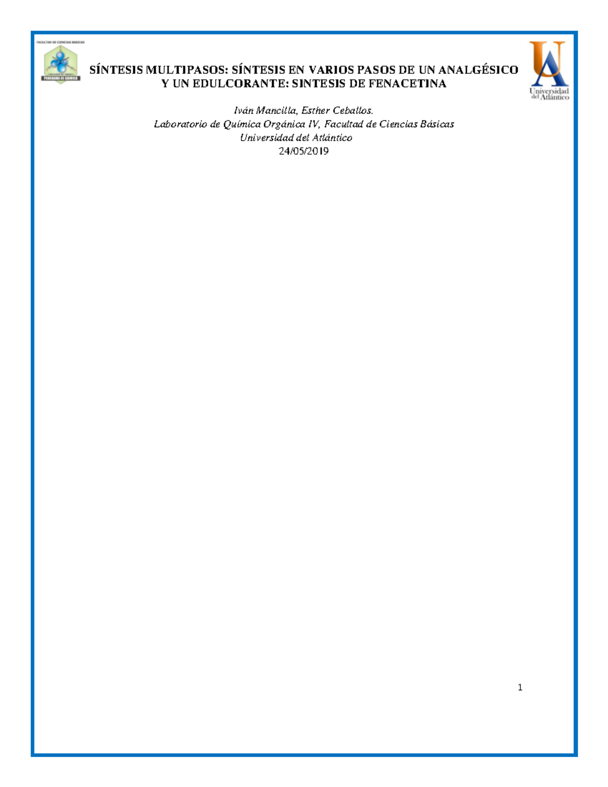 Informe Organica IV - Y UN EDULCORANTE: SINTESIS DE FENACETINA Iván ...