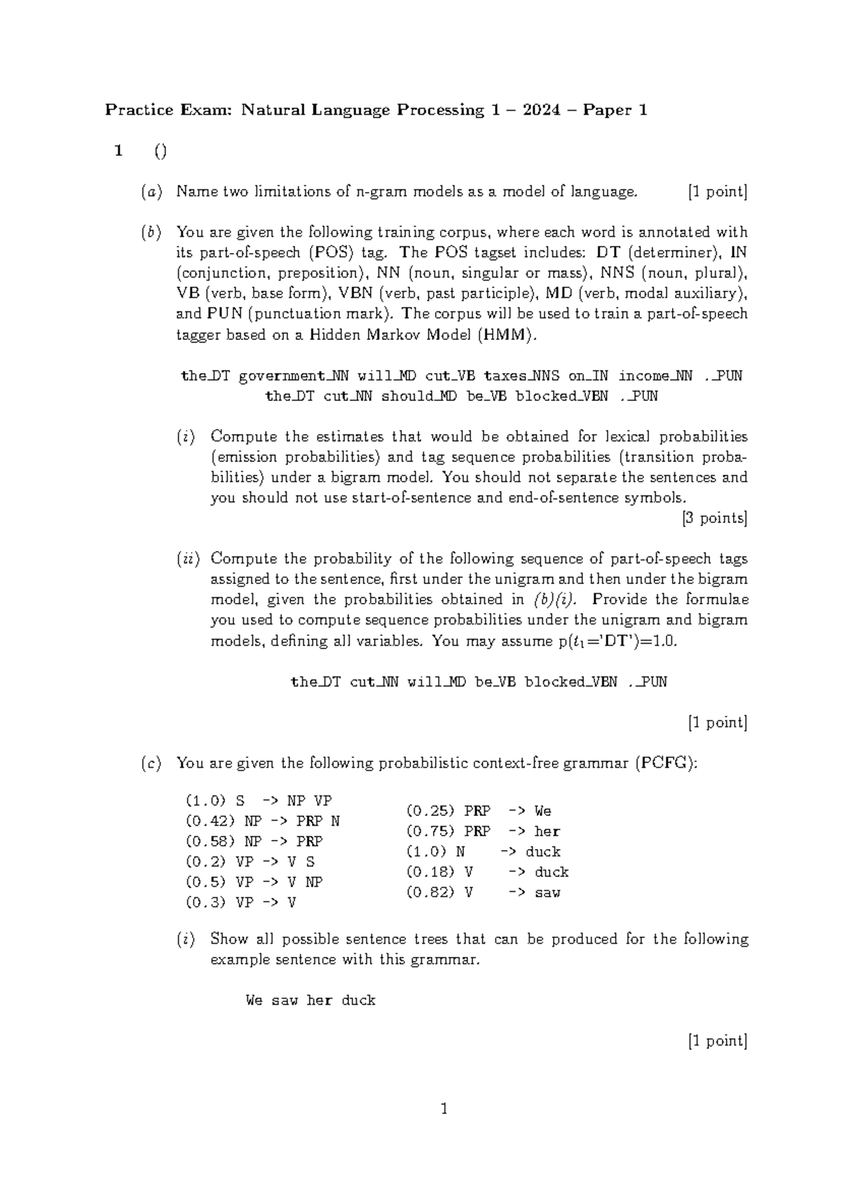 NLP1 2024 Practice Exam - 1 Practice Exam: Natural Language Processing 1 – 2024 – Paper 1 () (a ...