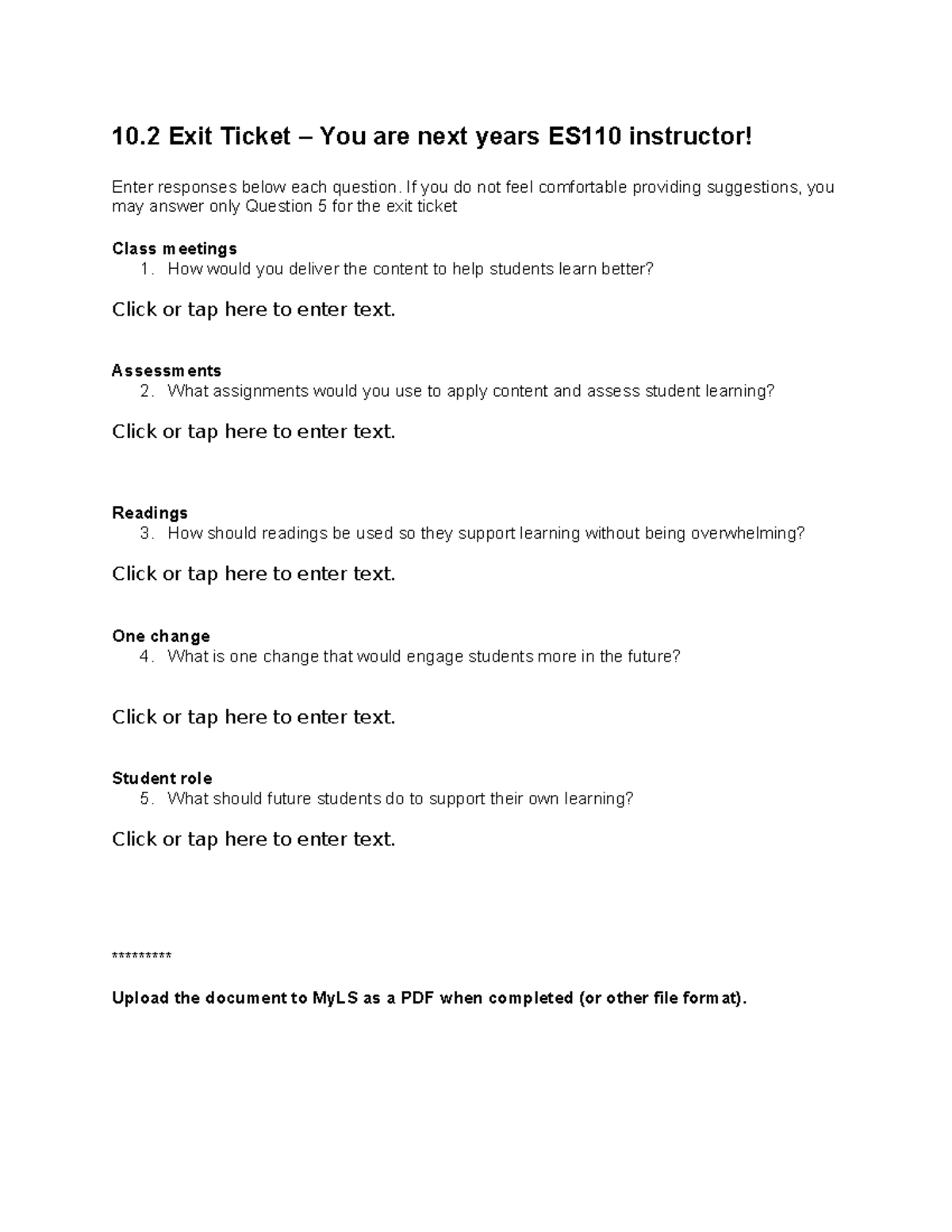 ES110 Exit Ticket - Instructor Feedback and Suggestions - Studocu