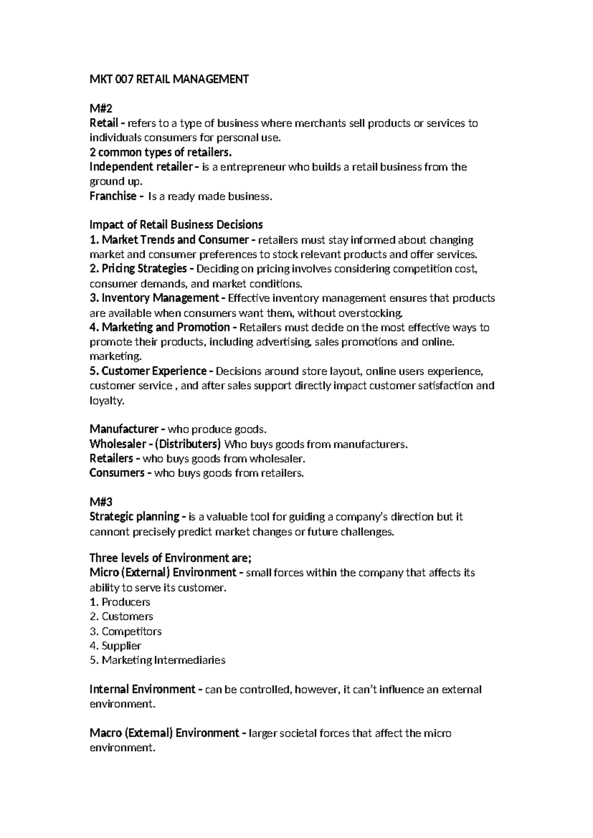 MKT 007 Retail Management: Key Concepts and Strategies - Studocu