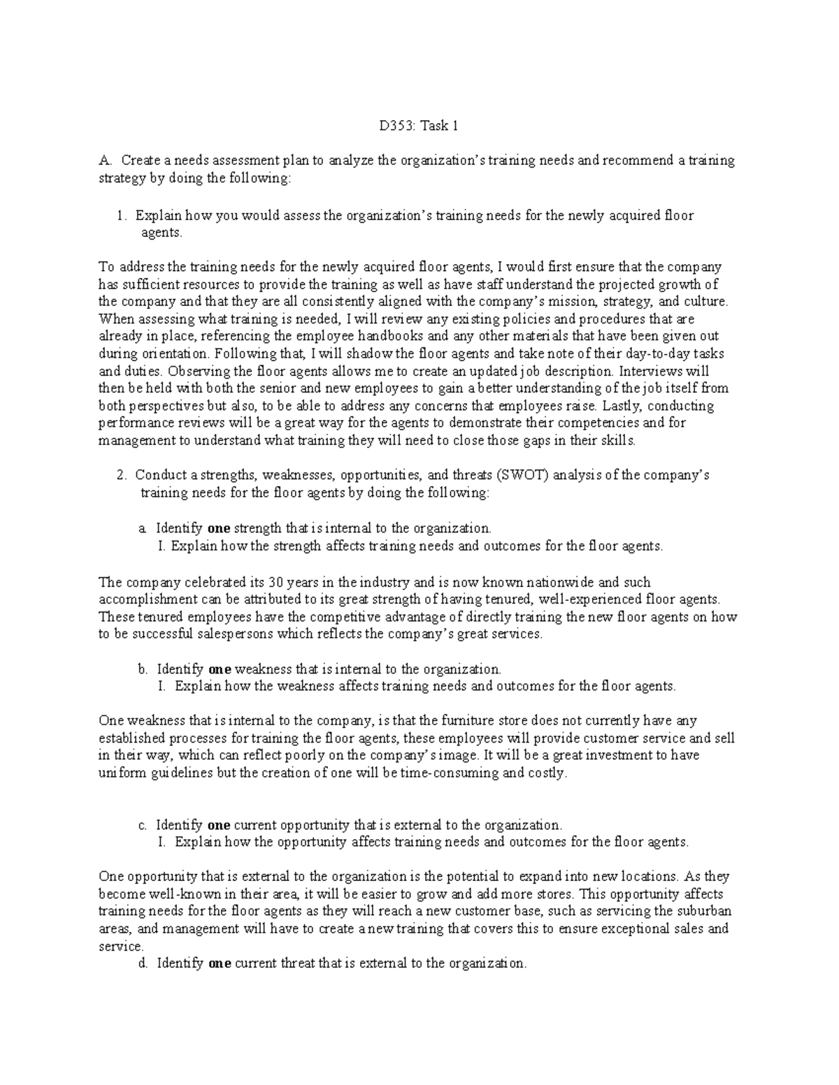 D353 - Task 1 Essay - Training Needs Assessment & SWOT Analysis - Studocu