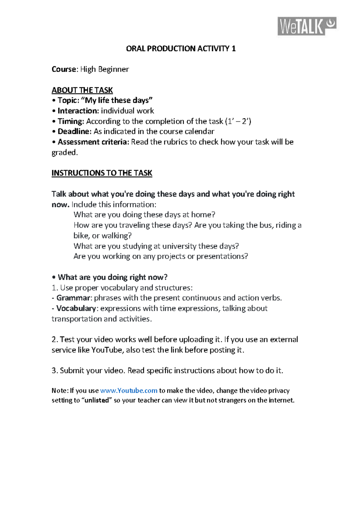 OA 1: High Beginner Oral Production Activity - Cambridge English - Studocu
