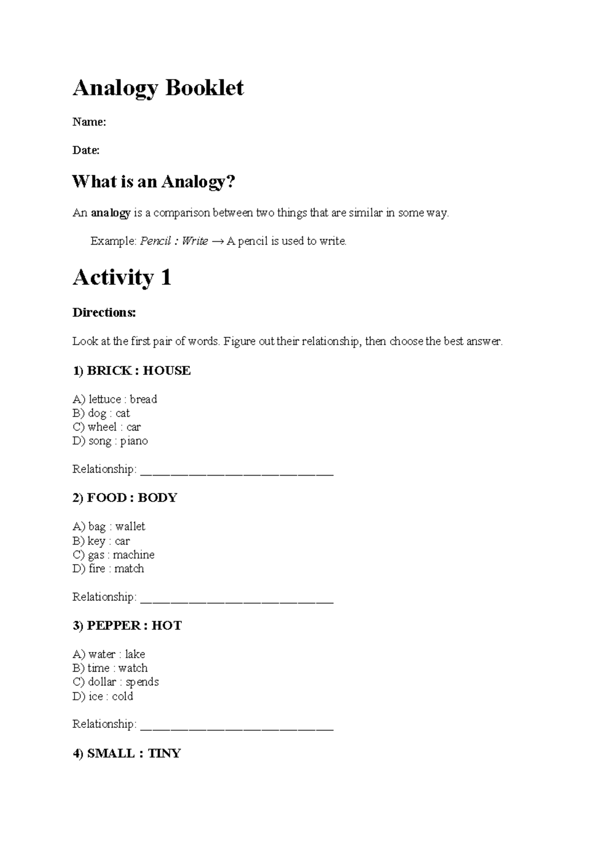 Analogy Help Booklet for Younger Years: Understanding Relationships ...