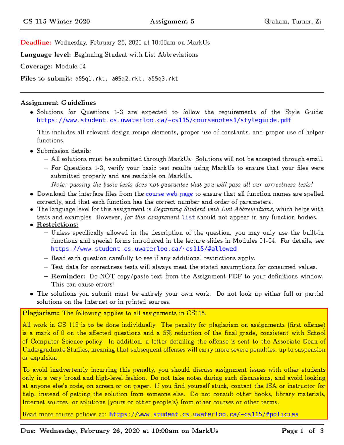 CS 115 Winter 2020 Assignment 05: Programming Tasks & Guidelines - Studocu