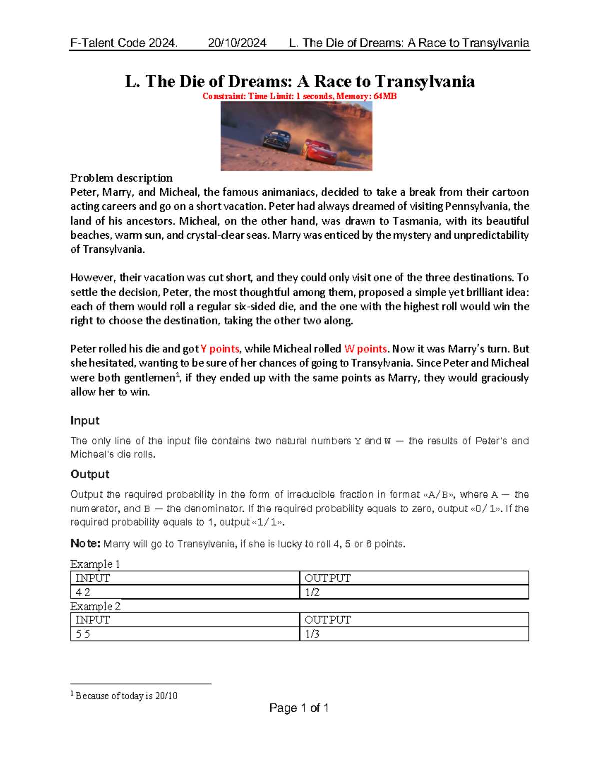 F-Talent Code 202: The Die of Dreams - Transylvania Race - Studocu