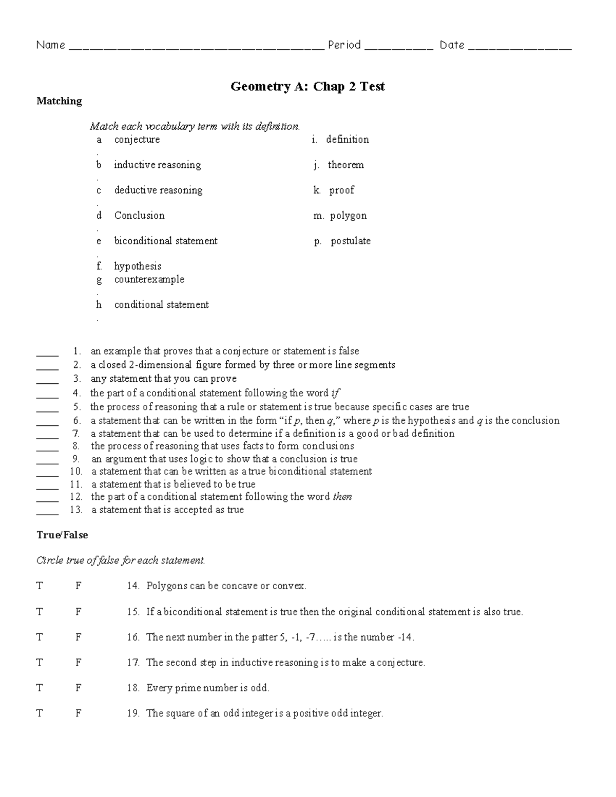 Geo A: Chapter 2 Test - Vocabulary Matching and True/False Questions ...