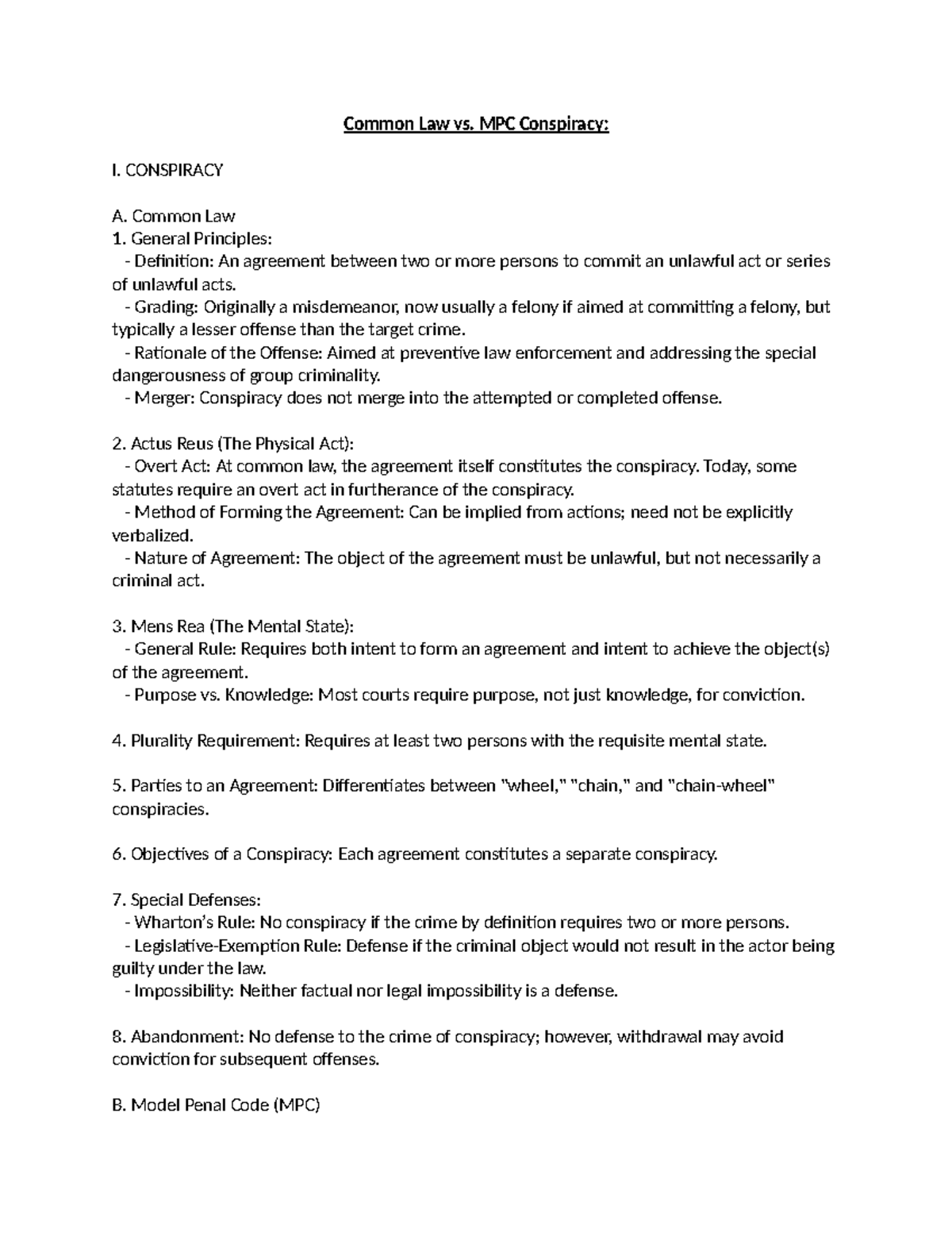 Conspiracy Law: Common Law vs. MPC Analysis and Comparison - Studocu