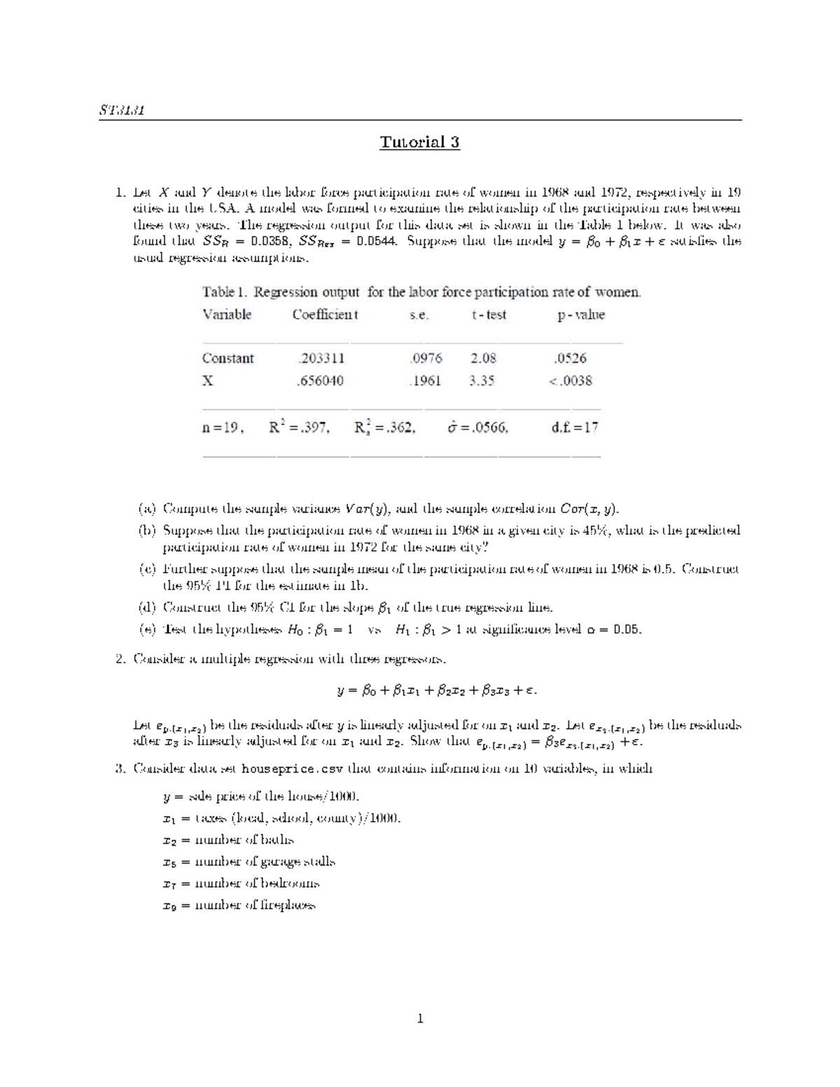 ST3131 Tutorial 3: Regression Analysis of Women's Labor Force ...