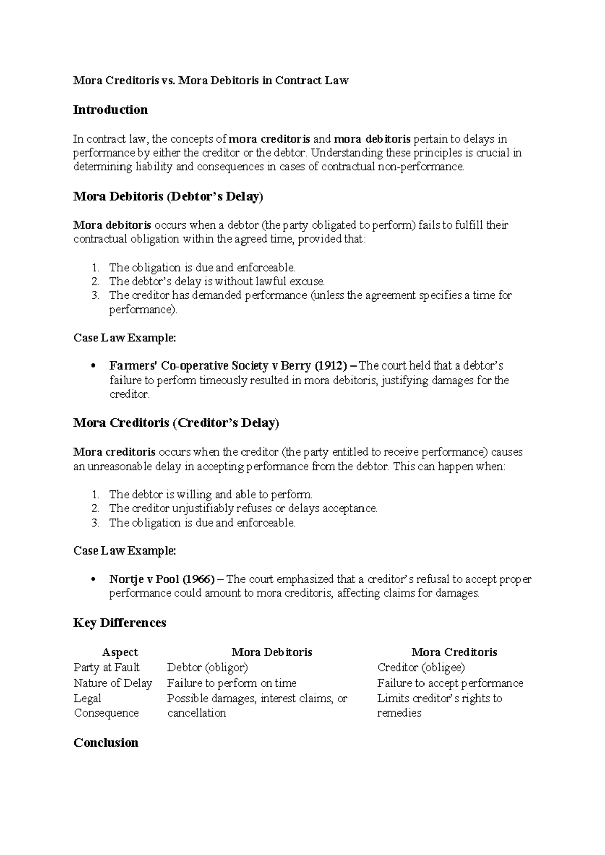 Contract Law Insights: Mora Debitoris vs. Mora Creditoris - Studocu