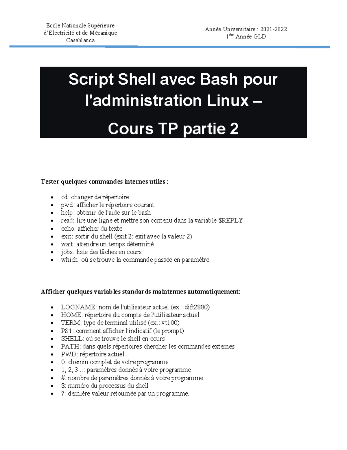 Cours TP shell programing Part II - d’Electricité et de Mécanique ...